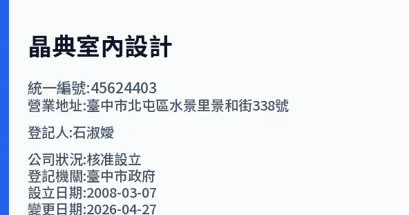 晶典室內設計的照片-統編 45624403(臺中市) 公司登記資料與營業項目詳細圖表