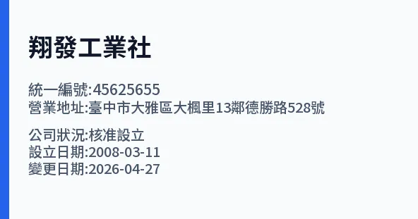 翔發工業社的照片-統編 45625655(臺中市) 公司登記資料與營業項目詳細圖表