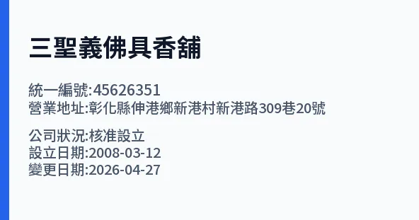 三聖義佛具香舖的照片-統編 45626351(彰化縣) 公司登記資料與營業項目詳細圖表