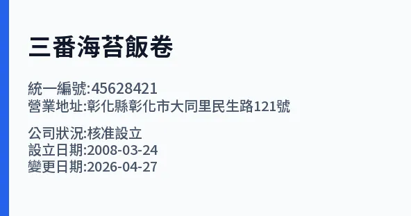 三番海苔飯卷的照片-統編 45628421(彰化縣) 公司登記資料與營業項目詳細圖表