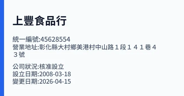 上豐食品行的照片-統編 45628554(彰化縣) 公司登記資料與營業項目詳細圖表