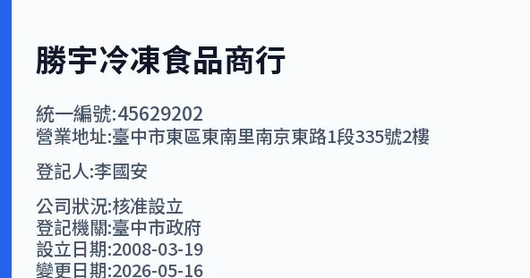 勝宇冷凍食品商行的照片-統編 45629202(臺中市) 公司登記資料與營業項目詳細圖表