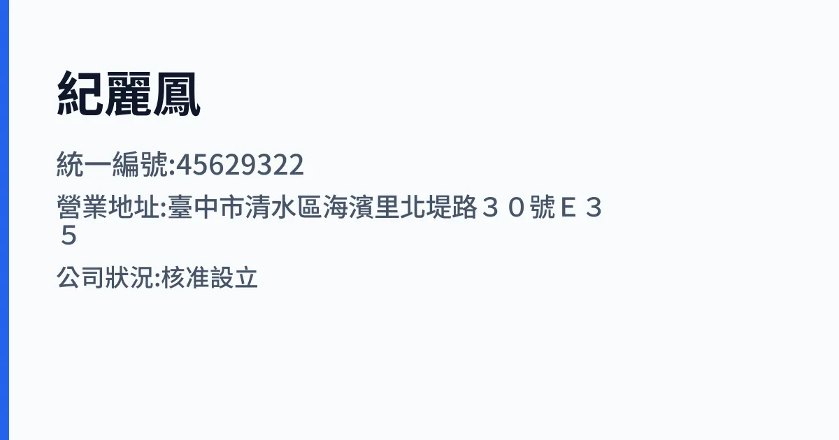 紀麗鳳 - 統編 45629322(臺中市) 公司登記資料與營業項目詳細圖表