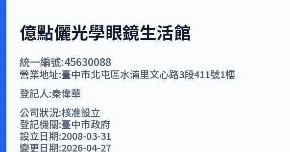 億點儷光學眼鏡生活館的照片-統編 45630088(臺中市) 公司登記資料與營業項目詳細圖表