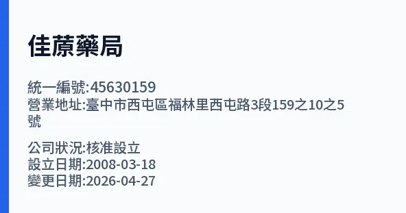 佳蒝藥局的照片-統編 45630159(臺中市) 公司登記資料與營業項目詳細圖表