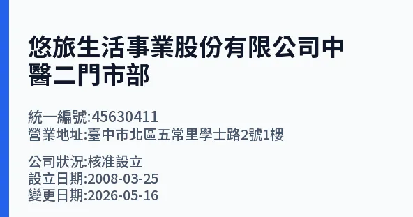 悠旅生活事業股份有限公司中醫二門市部的照片-統編 45630411(臺中市) 公司登記資料與營業項目詳細圖表