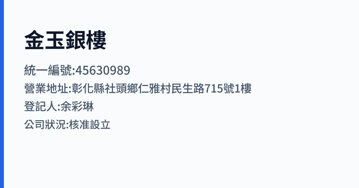 金玉銀樓 - 統編 45630989(彰化縣) 公司登記資料與營業項目詳細圖表