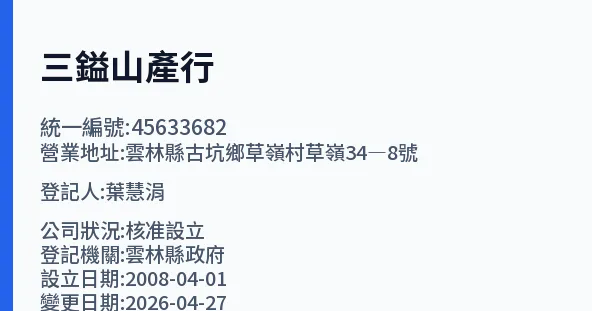 三鎰山產行的照片-統編 45633682(雲林縣) 公司登記資料與營業項目詳細圖表