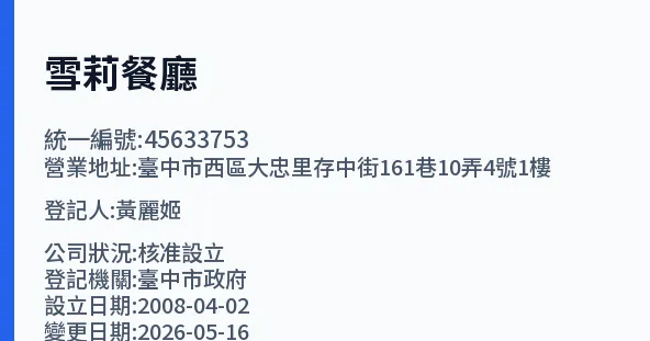 雪莉餐廳的照片-統編 45633753(臺中市) 公司登記資料與營業項目詳細圖表
