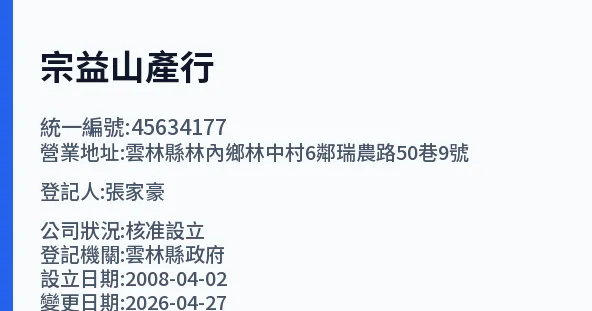 宗益山產行的照片-統編 45634177(雲林縣) 公司登記資料與營業項目詳細圖表