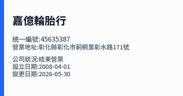 嘉億輪胎行的照片-統編 45635387(彰化縣) 公司登記資料與營業項目詳細圖表
