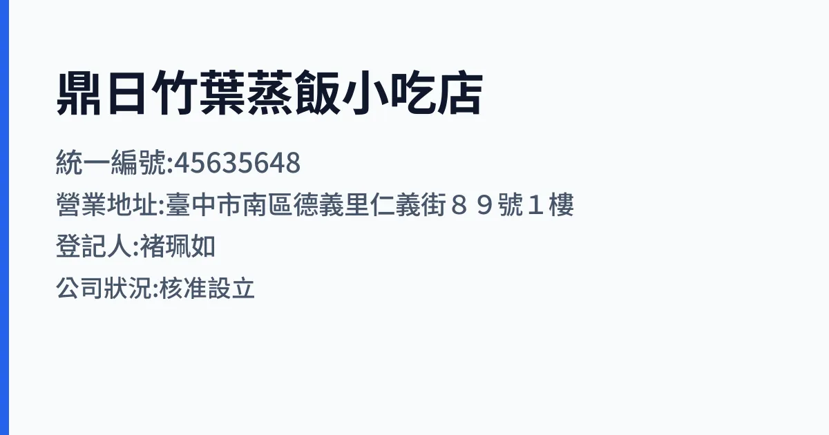 鼎日竹葉蒸飯小吃店 - 統編 45635648(臺中市) 公司登記資料與營業項目詳細圖表