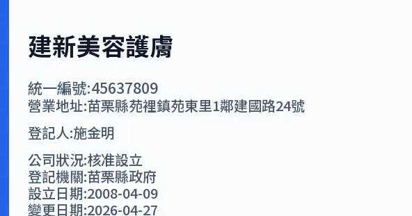 建新美容護膚的照片-統編 45637809(苗栗縣) 公司登記資料與營業項目詳細圖表