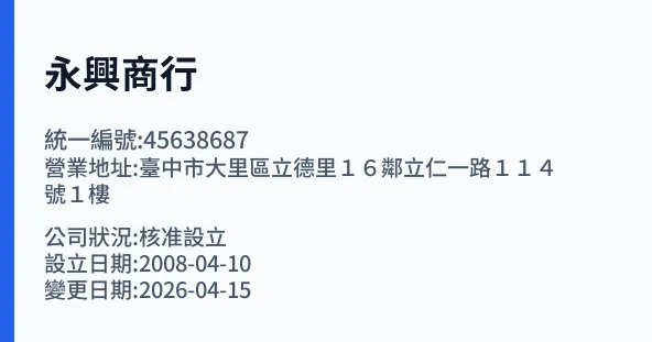 永興商行的照片-統編 45638687(臺中市) 公司登記資料與營業項目詳細圖表