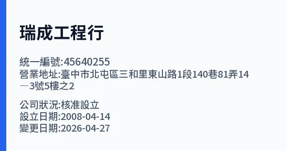 瑞成矽利康工程行的照片-統編 45640255(臺中市) 公司登記資料與營業項目詳細圖表