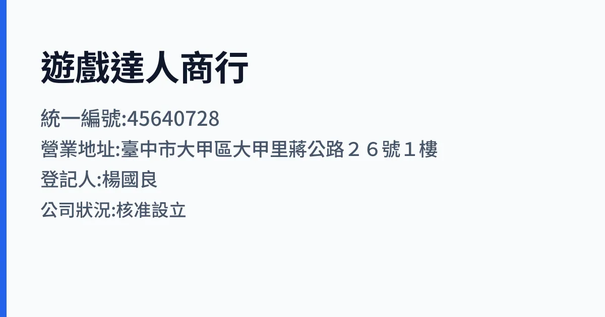 遊戲達人商行 - 統編 45640728(臺中市) 公司登記資料與營業項目詳細圖表