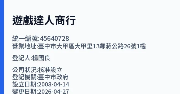 遊戲達人商行的照片-統編 45640728(臺中市) 公司登記資料與營業項目詳細圖表
