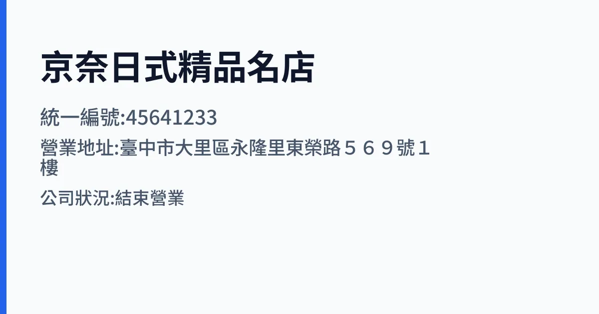 京奈日式精品名店 - 統編 45641233(臺中市) 公司登記資料與營業項目詳細圖表