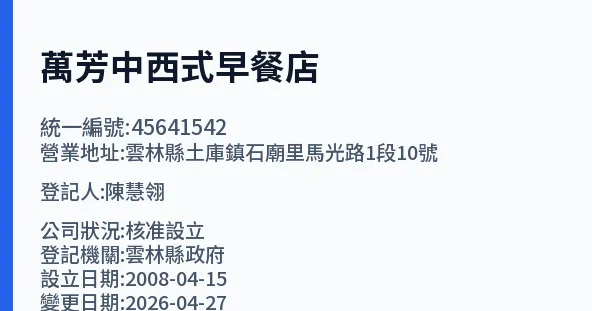 萬芳中西式早餐店的照片-統編 45641542(雲林縣) 公司登記資料與營業項目詳細圖表
