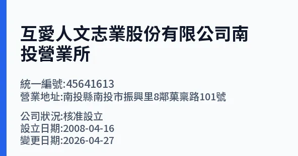 互愛人文志業股份有限公司南投營業所的照片-統編 45641613(南投縣) 公司登記資料與營業項目詳細圖表
