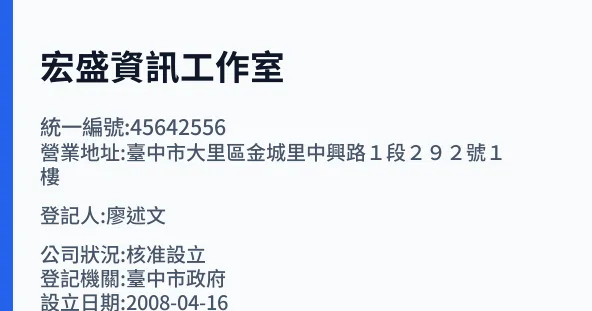 宏盛資訊工作室的照片-統編 45642556(臺中市) 公司登記資料與營業項目詳細圖表
