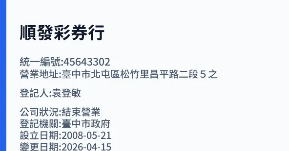 順發彩券行的照片-統編 45643302(臺中市) 公司登記資料與營業項目詳細圖表