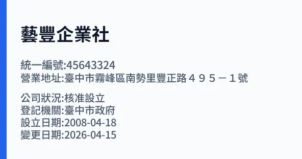 藝豐企業社的照片-統編 45643324(臺中市) 公司登記資料與營業項目詳細圖表