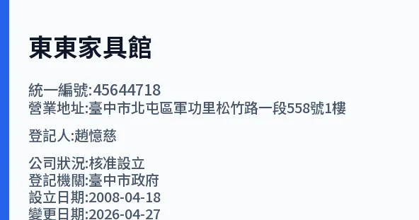東東家具館的照片-統編 45644718(臺中市) 公司登記資料與營業項目詳細圖表