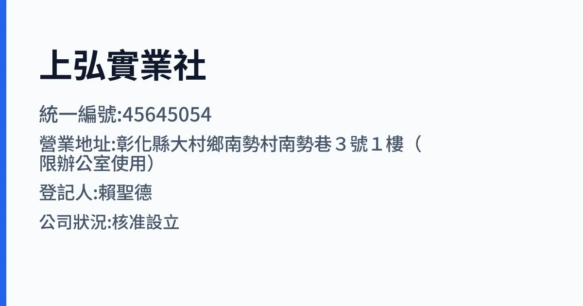 上弘實業社 - 統編 45645054(彰化縣) 公司登記資料與營業項目詳細圖表