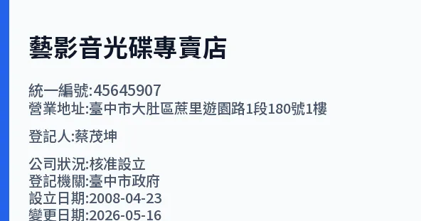 藝影音光碟專賣店的照片-統編 45645907(臺中市) 公司登記資料與營業項目詳細圖表