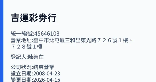 吉運彩劵行的照片-統編 45646103(臺中市) 公司登記資料與營業項目詳細圖表