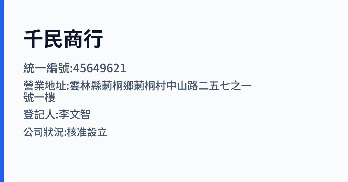 千民商行 - 統編 45649621(雲林縣) 公司登記資料與營業項目詳細圖表