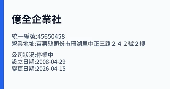 億全企業社的照片-統編 45650458(苗栗縣) 公司登記資料與營業項目詳細圖表