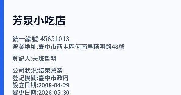芳泉小吃店的照片-統編 45651013(臺中市) 公司登記資料與營業項目詳細圖表