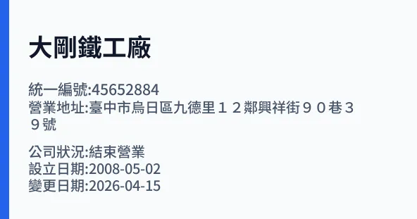 大剛鐵工廠的照片-統編 45652884(臺中市) 公司登記資料與營業項目詳細圖表