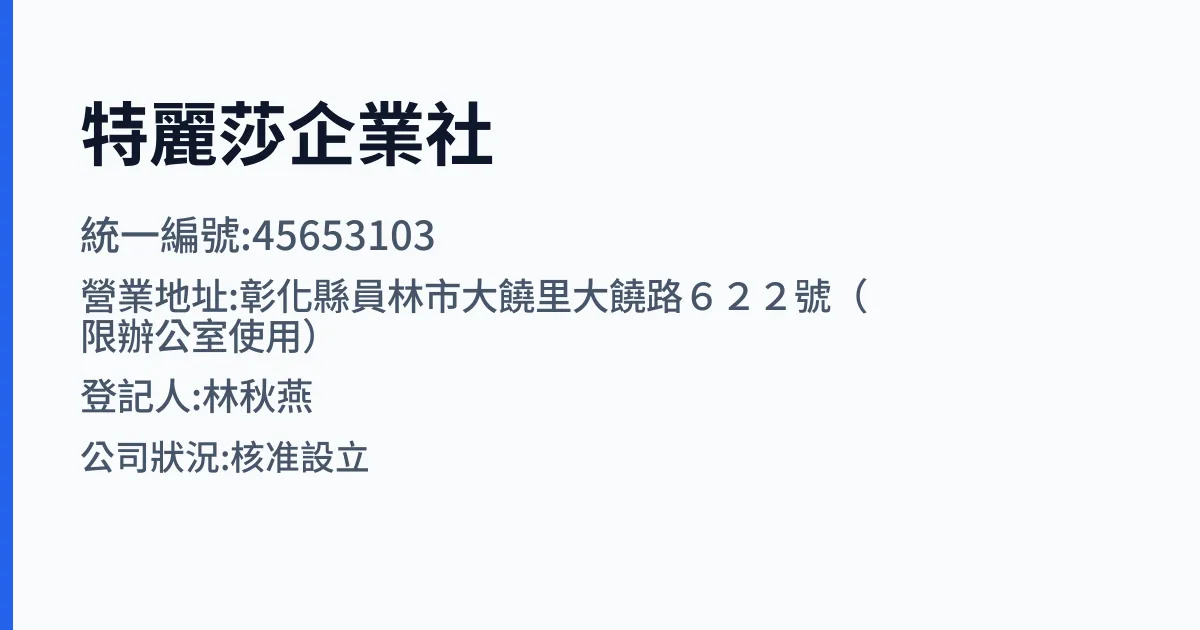 特麗莎企業社 - 統編 45653103(彰化縣) 公司登記資料與營業項目詳細圖表