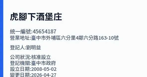 虎腳下酒堡庄的照片-統編 45654187(臺中市) 公司登記資料與營業項目詳細圖表