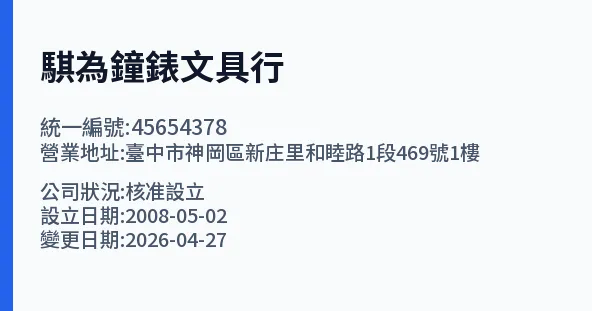騏為鐘錶文具行的照片-統編 45654378(臺中市) 公司登記資料與營業項目詳細圖表