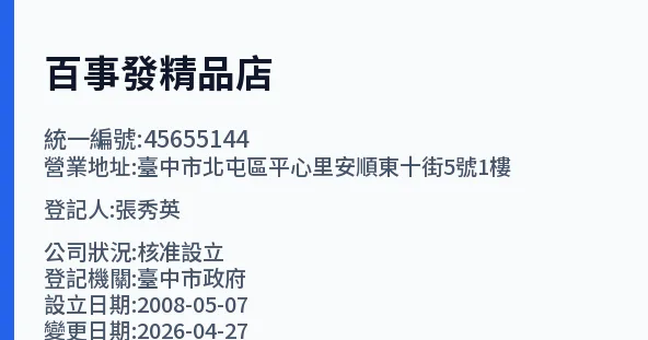 百事發精品店的照片-統編 45655144(臺中市) 公司登記資料與營業項目詳細圖表