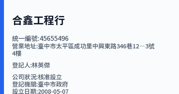 合鑫工程行的照片-統編 45655496(臺中市) 公司登記資料與營業項目詳細圖表