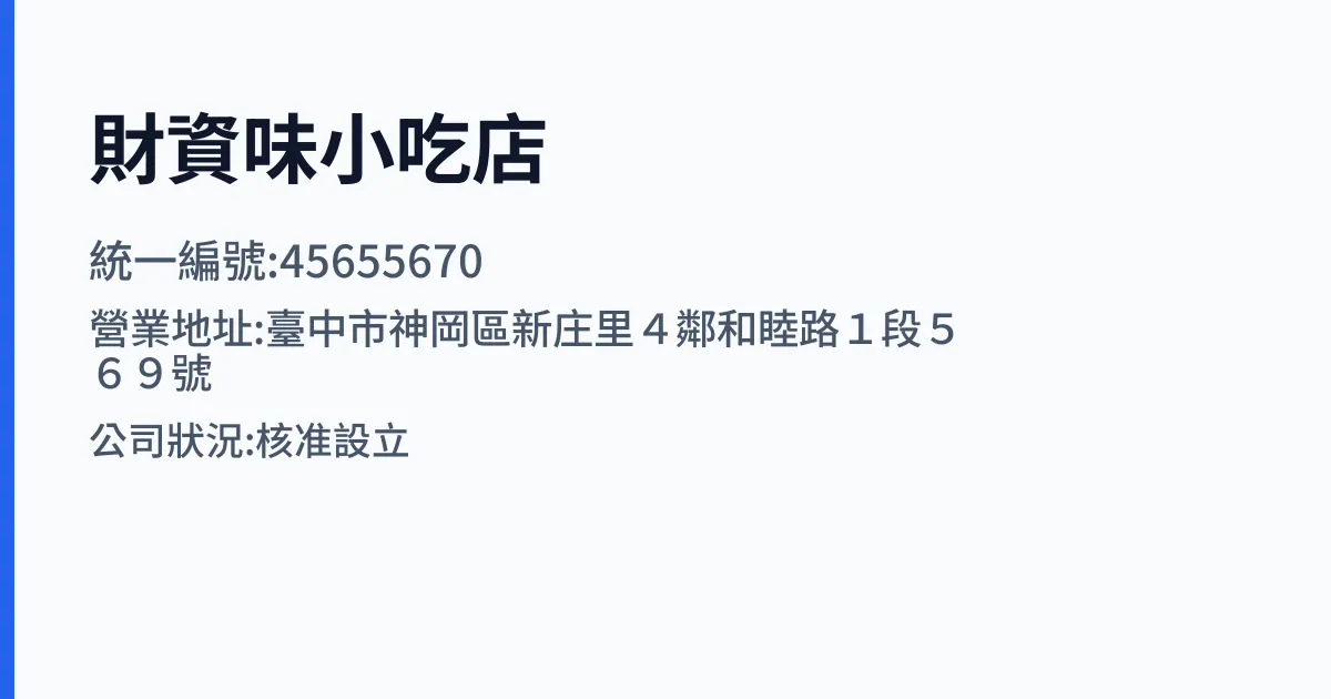 財資味小吃店 - 統編 45655670(臺中市) 公司登記資料與營業項目詳細圖表