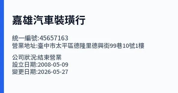 嘉雄汽車裝璜行的照片-統編 45657163(臺中市) 公司登記資料與營業項目詳細圖表