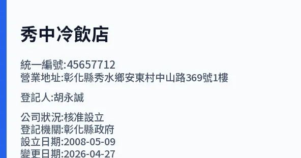 秀中冷飲店的照片-統編 45657712(彰化縣) 公司登記資料與營業項目詳細圖表