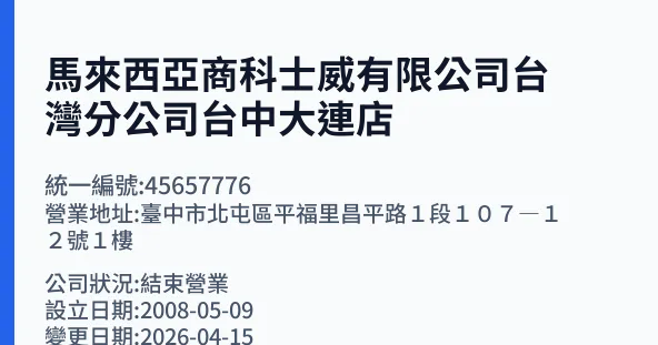 馬來西亞商科士威有限公司台灣分公司台中大連店的照片-統編 45657776(臺中市) 公司登記資料與營業項目詳細圖表