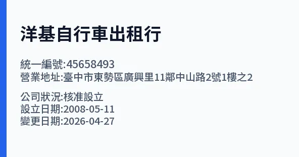 洋基自行車出租行的照片-統編 45658493(臺中市) 公司登記資料與營業項目詳細圖表