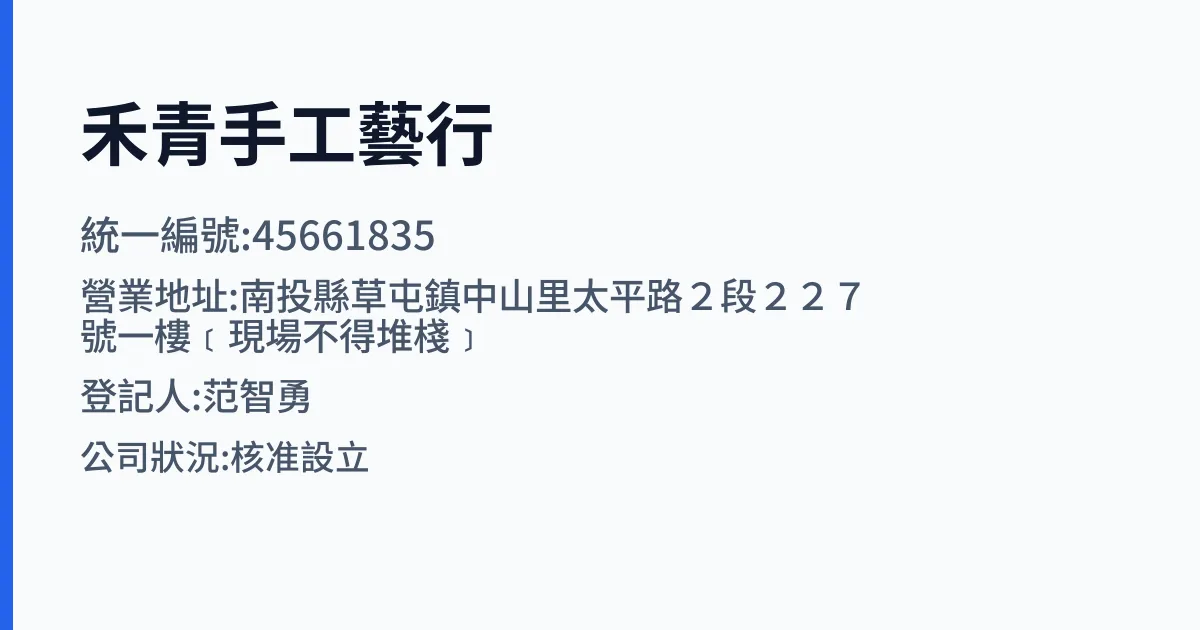 禾青手工藝行 - 統編 45661835(南投縣) 公司登記資料與營業項目詳細圖表