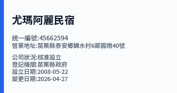 尤瑪阿麗民宿的照片-統編 45662594(苗栗縣) 公司登記資料與營業項目詳細圖表