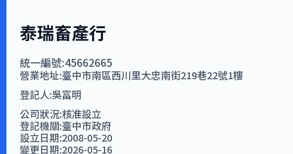 泰瑞畜產行的照片-統編 45662665(臺中市) 公司登記資料與營業項目詳細圖表