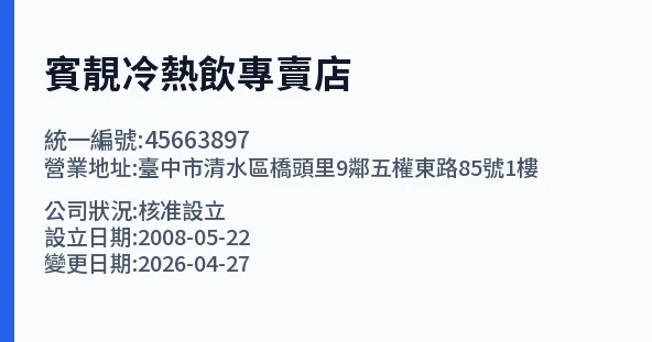 賓靚冷熱飲專賣店的照片-統編 45663897(臺中市) 公司登記資料與營業項目詳細圖表