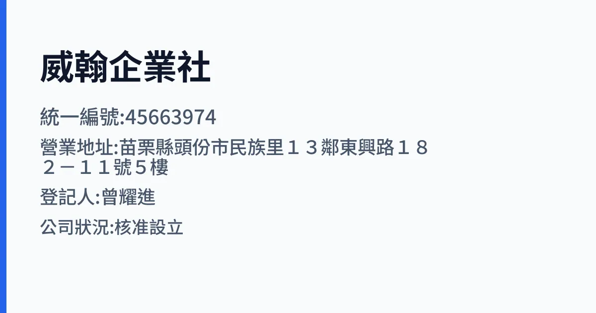 威翰企業社 - 統編 45663974（新竹縣） 公司登記資料與營業項目詳細圖表